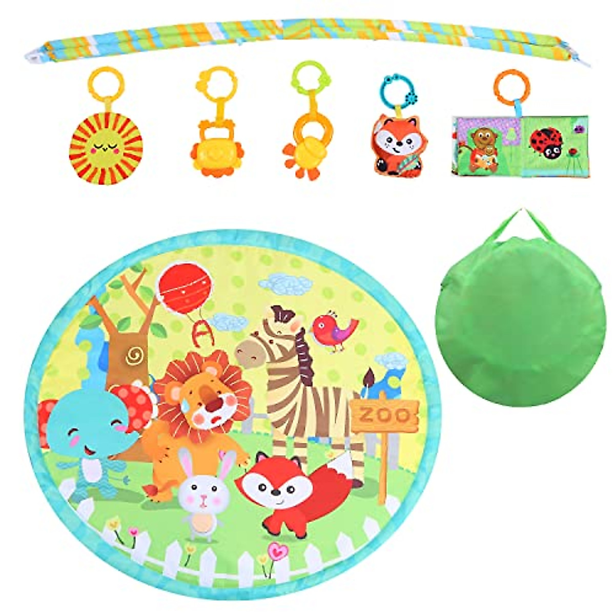 Kirumie Baby Play Gym, Baby Play Mats for Babies and Toddlers with 5 Toys. Visual, Hearing, Touch, Cognitive Development Baby Tummy Time Activity Mat, Gift Idea for Newborns with Storage Bag.
