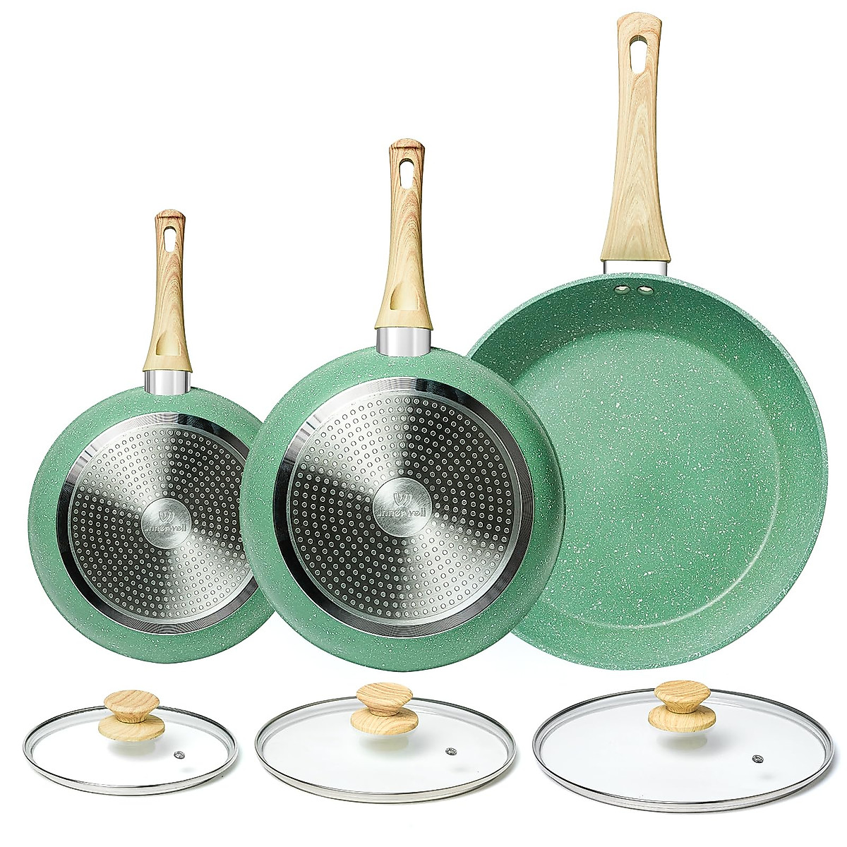 Innerwell Nonstick Frying Pan Set, 8"+9.5"+11" with Lids, Safe, Easy to Clean, Suitable for All Stovetops