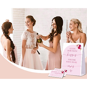 Pink Floral Bridal Shower Game, Guess How Many Kisses For The Soon To Be Mrs, Pack of 1 Sign and 50 Guessing Cards, Modern Bridal Shower Decorations, Wedding Shower Supplies - 01