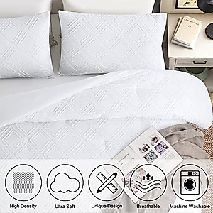 BEDHOURS Boho Comforter Set Queen,White Tufted Comforter Set,3 Pcs Shabby Chic Down Alternative Farmhouse Bedding Set Soft Lightweight Cooling Comforter for All Seasons