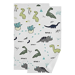 Cute Dinosaur Hand Towel Set of 2, Forest Cartoon Dino Tree Face Towels Jurassic Park Washcloth for Bathroom Kitchen, Kid's Back-to-School Columbus Day Gift