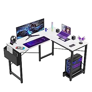 Sweetcrispy L Shaped Gaming Desk, Computer Desk Corner Desks PC Gaming Desk Table with CPU Stand Side Bag for Home Office Dorm Sturdy Writing Workstation, White, 50 Inch