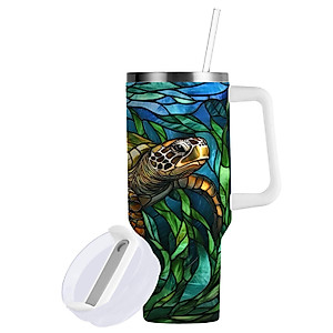 Slewiaeky Tumbler with Handle 40 oz Ocean Turtle Tortoise Travel Mug with Lid and Straw Sea Stainless Steel Vacuum Insulated Water Bottle Cup for Iced Tea Coffee Cold Beverages Cup Holder Friendly