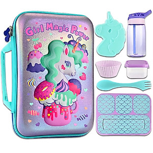 BDBKYWY Unicorn Lunch Box Lunch Bag Set - Insulated Lunch Bag with 4 Compartment Bento Box Ice Pack Water Bottle Silicon Cap Spoon Salad Container for Lunch Kid's School Supplies Ideal for Age 7-15