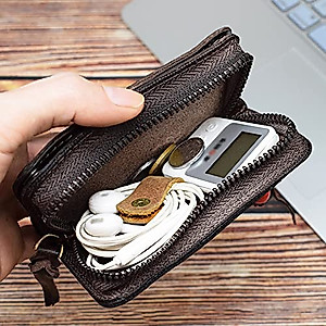 Genuine Leather Keychain Key Case,MoreChioce Card Holder Wallet Cowhide Leather Smart Keychain Protector Cover Key Organizer Card Case with 6 Hooks and Zipper,Coffee Color