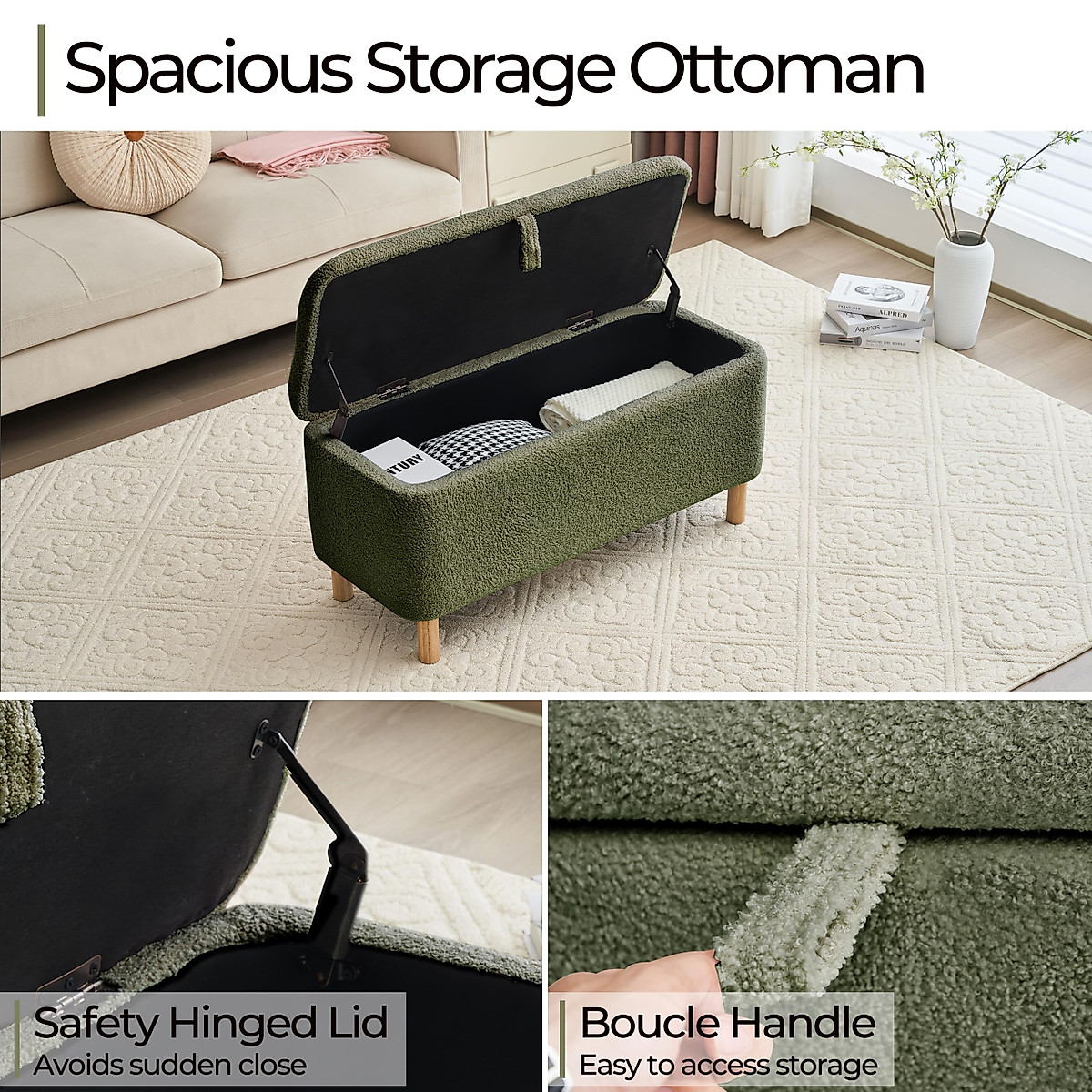 Boucle Storage Ottoman Bench for Bedroom end of Bed, Sherpa Upholstered Shoe Seat Storage Beach for Entryway Bed Foot, Rectangle Cushion Padded Blanket Chest Cute for Living Room, Blackish Green