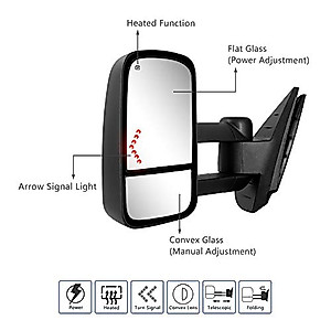 Towing Mirror for Silverado Sierra - Compatible with 2007-2014 Chevy Silverado GMC Sierra 1500 2500HD 3500HD with Power Glass LED Arrow Turn Signal Light Heated Extendable Side Mirror Pair Set
