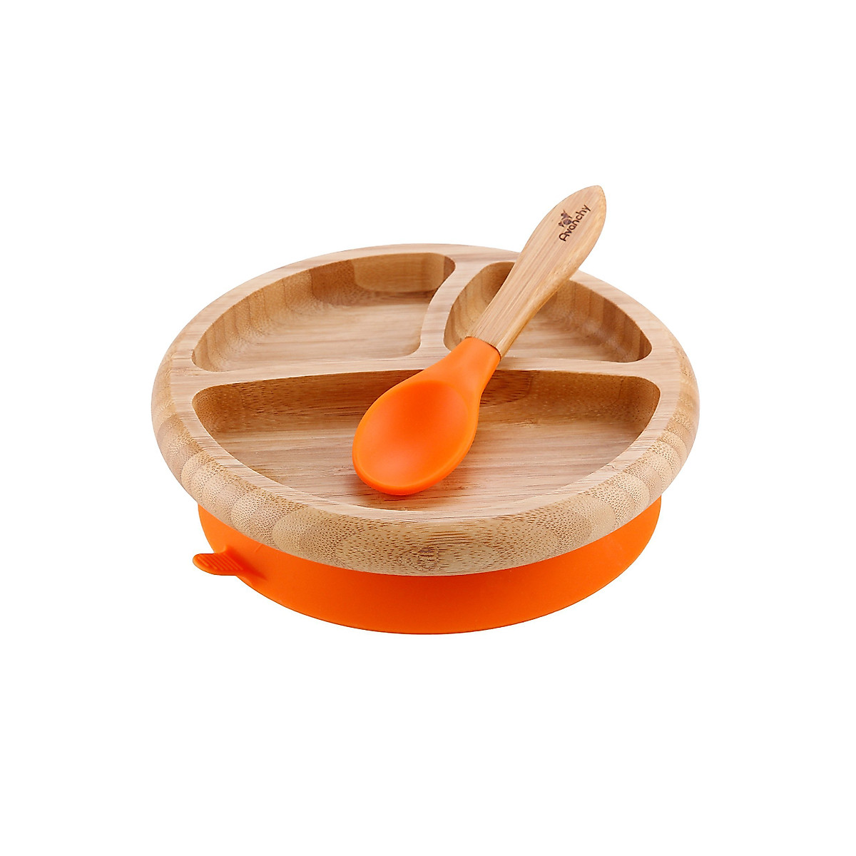Avanchy Bamboo Baby Bowl + Baby Plate + 2 First Stage Spoons. Removable Suction Bottoms.