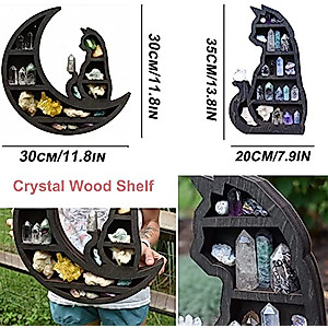 Neegaurd Cat on The Moon Crystal Wood Shelf, Wooden Crystal Display Shelf, Moon Shelf Black Cat Design Floating Moon Phases Shelf Gothic Witchy Room Decoration (Moon Cat)