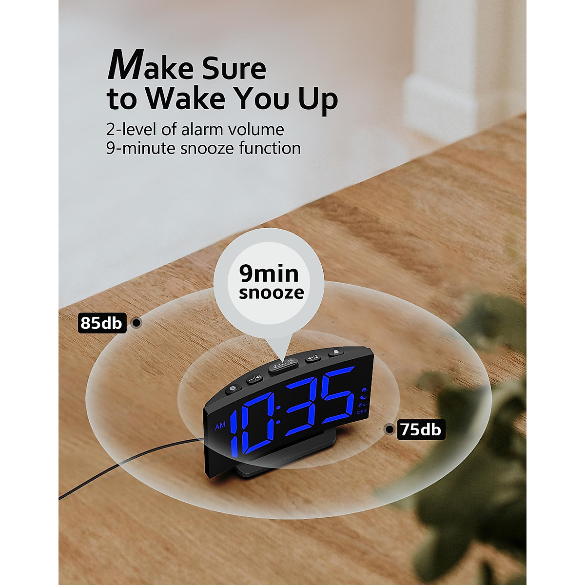 Digital Alarm Clock for Bedrooms, Digital Clock with Modern Curved Design, Conspicuous Blue LED Numbers, 6 Levels Brightness, 2 Volume, 3 Alarm Tones, Snooze, Power-Off Memory, 12/24H, Bedside Clock