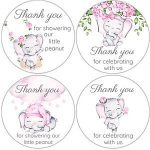 1.9 Inch Stickers Elephant Baby Shower Favors Girl Thank You for Celebrating with Us Gray Pink