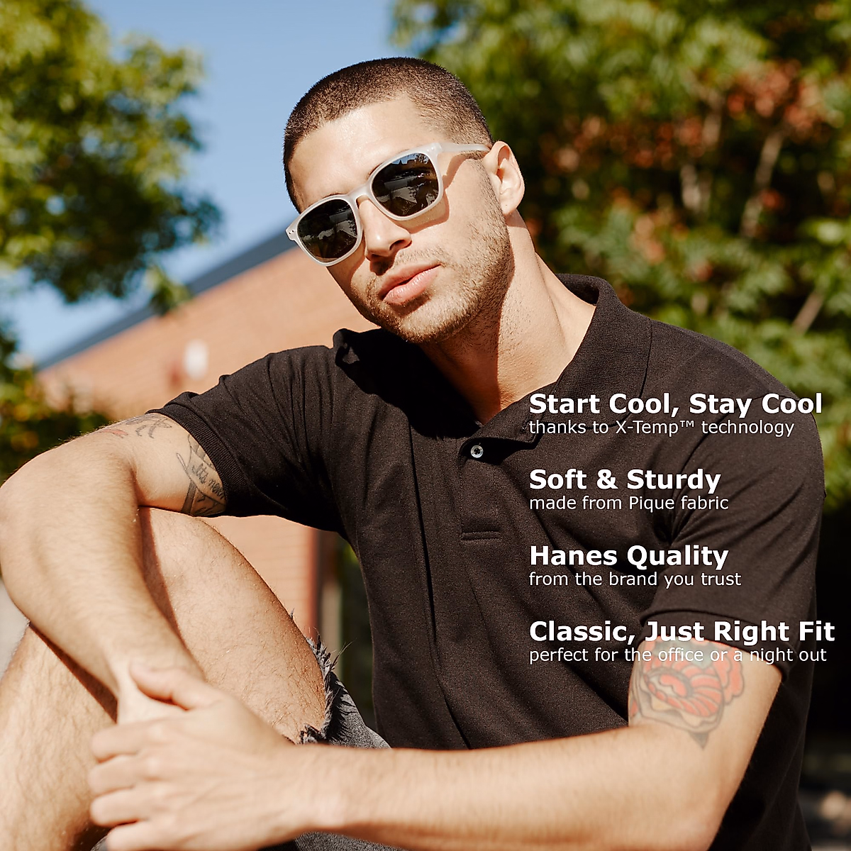 Hanes Mens Pique Short Sleeve Polo Shirt, Three-button Midweight For, Black, X-Large US