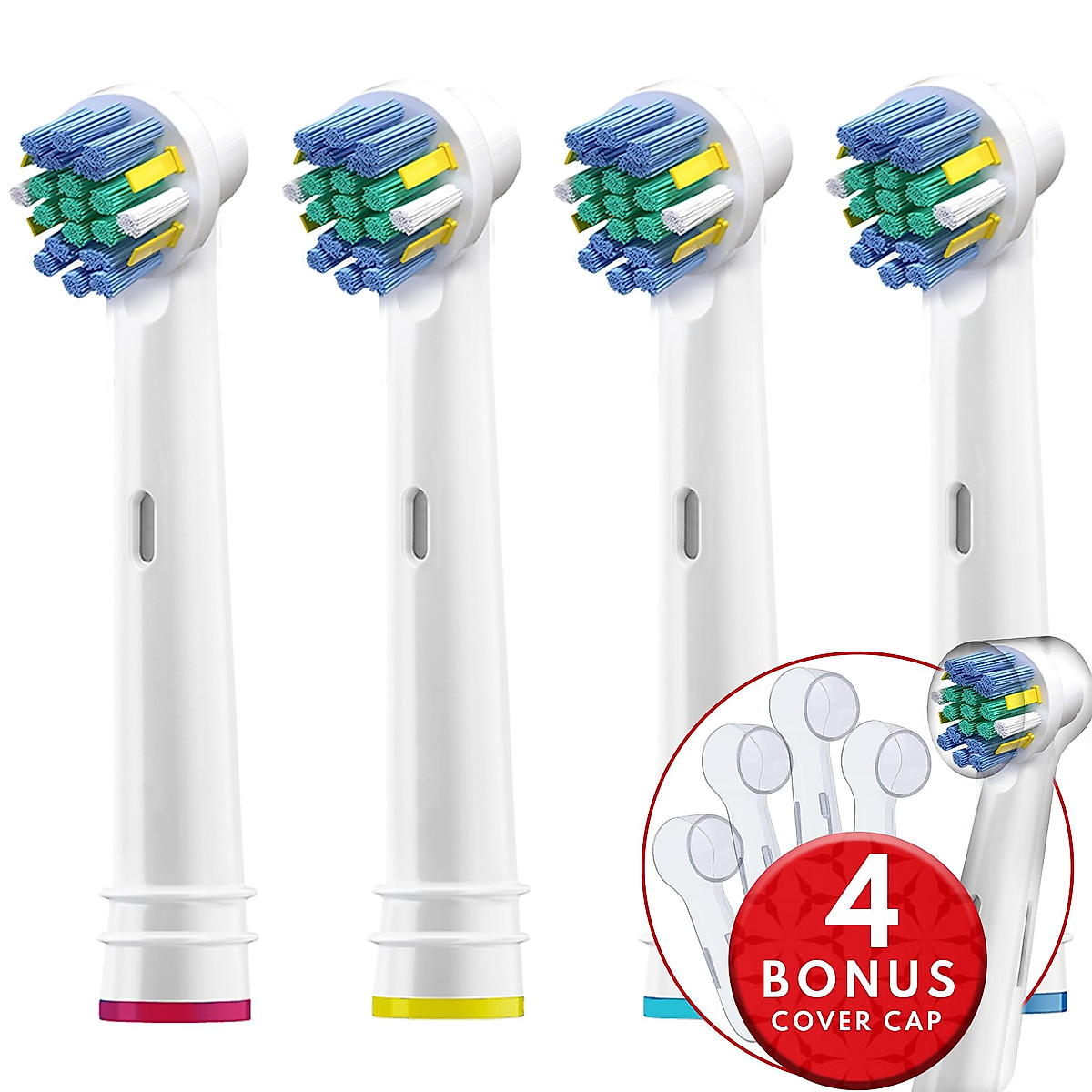 Replacement Brush Heads Compatible with Oral B Floss Action, Oral-B Braun 4 Pack + 4 Bonus Cover Cap. Compatible w/Vitality Floss Action, Oral-B 7000, 9000, Pro 1000, Kids