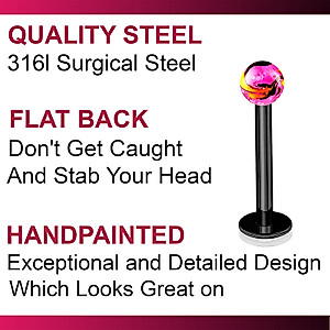 bodyjewellery 2pcs 16g 3/8 Labret Stud Lip Rings Snake Bite Monroe Tragus Forward Helix Conch Black Anodized Hand Painted 02 Ball - 10mm
