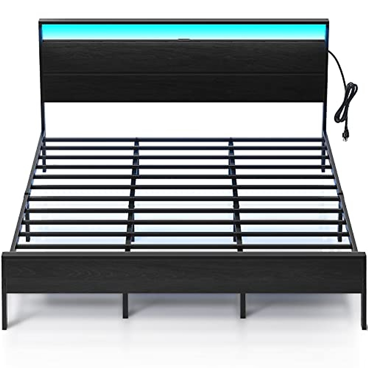 Rolanstar Bed Frame with Charging Station, King Bed Frame with LED Lights Headboard, Metal Platform Bed Frame, Strong Metal Slats, 10.2” Under Bed Storage Clearance, No Box Spring Needed, Noise Free