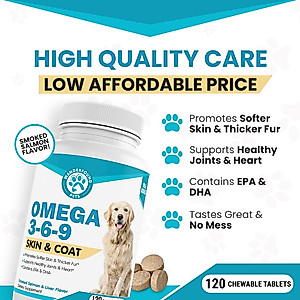 Wanderfound Pets - Omega 3 for Dogs, Skin and Coat Fish Oil for Dogs, Dog Itch Relief, Joint and Heart Health, Chewable Vitamins for Dogs Fur and Skin, Smoked Salmon and Liver Flavor, 120 Tablets