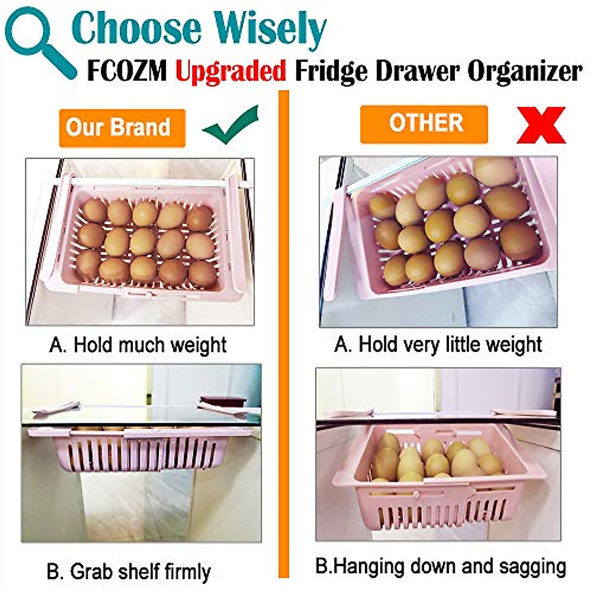 Fridge Drawer Organizer, 3 Pack Retractable Drawer Refrigerator Storage Box, Small Under Fridge Shelf Baskets, Pull Out Bins, Fridge Shelf Holder Storage Box,Fit for Fridge Shelf Under 0.6 inch Thick