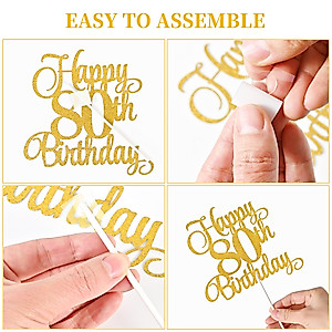 Lecferrarc 80th Birthday Cake Decorations, 80th Birthday Candles Cake Numeral Candles and Glitter Happy 80th Birthday Cake Toppers Set for Birthday Party Supplies (Gold)