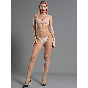 CHRLEISURE Women's Sparkle Rhinestone Fishnets, Sexy Sparkly Glitter Party Concert Outfit Fishnet Stockings (Skin)