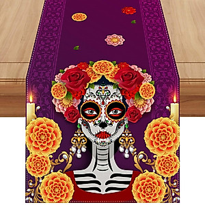 Linen Dia De Los Muertos Table Runner 72 Inches Long Day of The Dead Tablecloth Mexican Fiesta Themed Party Decorations and Supplies for Home Kitchen Dining Room Table
