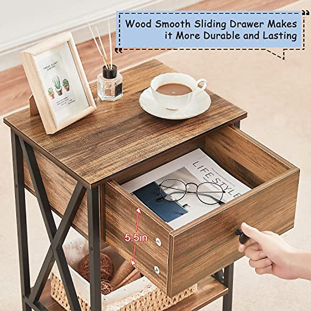 VECELO Set of 2 Nightstands X-Design Side Night Stand Storage Shelf with Bin Living Room Bedroom,Vintage Brown, End Table with Drawer