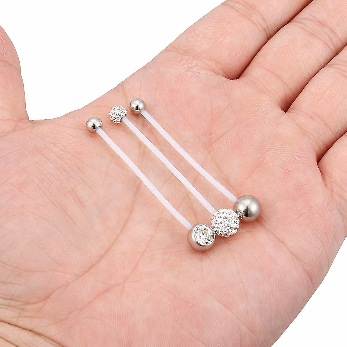Hoeudjo 14G 1 1/2 Inch CZ Sports Pregnancy Maternity Flexible Bioplast Long Belly Button Rings Navel Retainer Body Piercing Set of 3 Silver