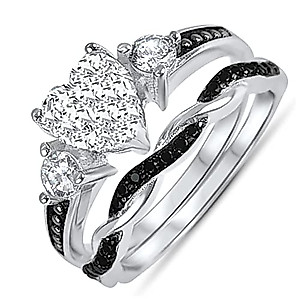 LaRaso & Co His and Hers 3 Piece Trio Sterling Silver Black Wedding Band Engagement Ring Set
