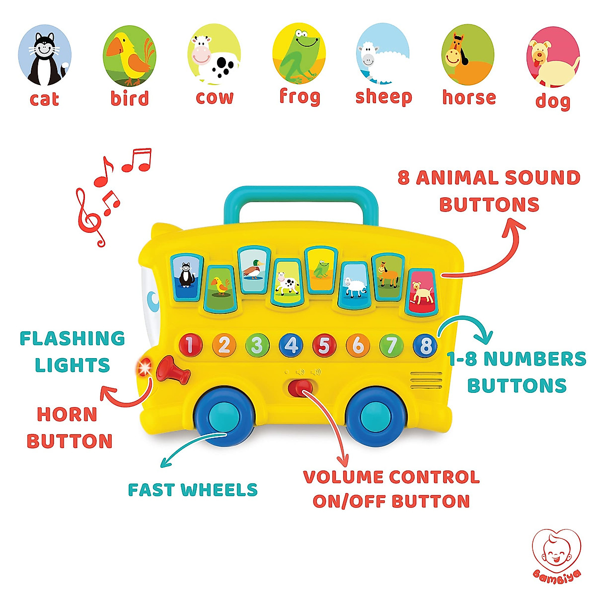 Animal Sounds Bus for Babies 6 Months Old & Up with Lights, Music, Numbers, Volume Control & More - Educational Baby Musical Toys