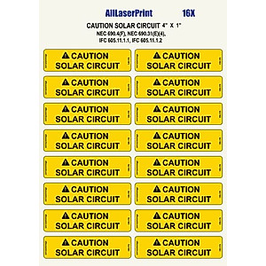 Photovoltaic Labels for PV Solar System _"Caution_Solar Circuit" _4” X 1”_Pack of 16