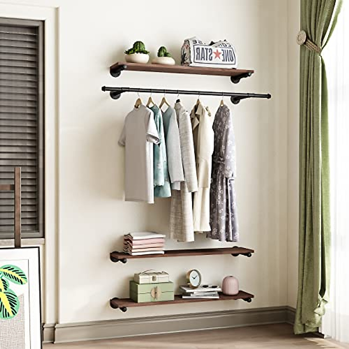 HOMEKAYT Industrial Pipe Clothing Rack Wall Mounted Garment Rack with Wooden Shelves Set of 3 Office Bedroom Living Room-SOLID WOOD