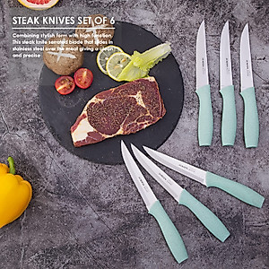 AOKEDA 15pcs Kitchen Knife Set with Block, Sharpener and Scissor, Stainless Steel Knives with Extre-light Straw Handle (Mint Green)
