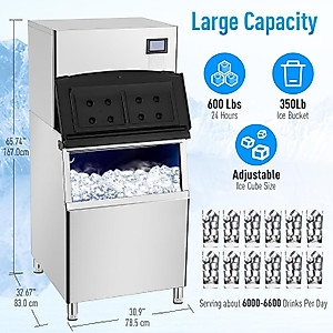 Zstar 600LBS/24H Commercial Ice Maker Machine, Freestanding Large Ice Maker with 350LBS Ice Storage Bin, Ice Ready in 5-15min, Stainless Steel Industrial ice Machine for Commercial Restaurant Cafe Bar