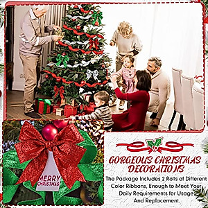 Juinte 2 Roll 20 Yards Christmas Wired Ribbon Glitter Christmas Tree Ribbon Thick Metallic Ribbon Gift Wrapping Tree Decor for Wreath Garland Party DIY Crafts Decorations(1.5 Inch,Red, Green)