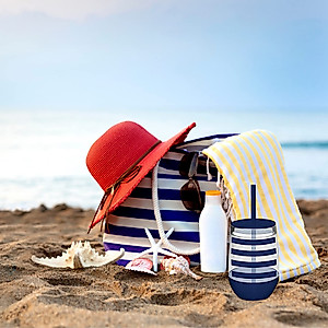 Needzo Reusable Outdoor Wine Glasses, Plastic Stemless Glass with Navy Stripes, Lid and Straw, Summer 2023 Cups for the Beach and Pool, Pack of 2