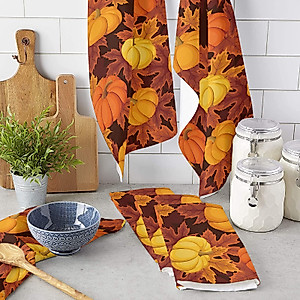 DuoPhi Fall Kitchen Towels Set Harvest Orange Pumpkin Maple Leaves Dish Towel Happy Thanksgiving Day It's Y'all Dishcloths 2 Pack,18x28 Inches Absorbent Soft Cotton Cloths Bar & Tea