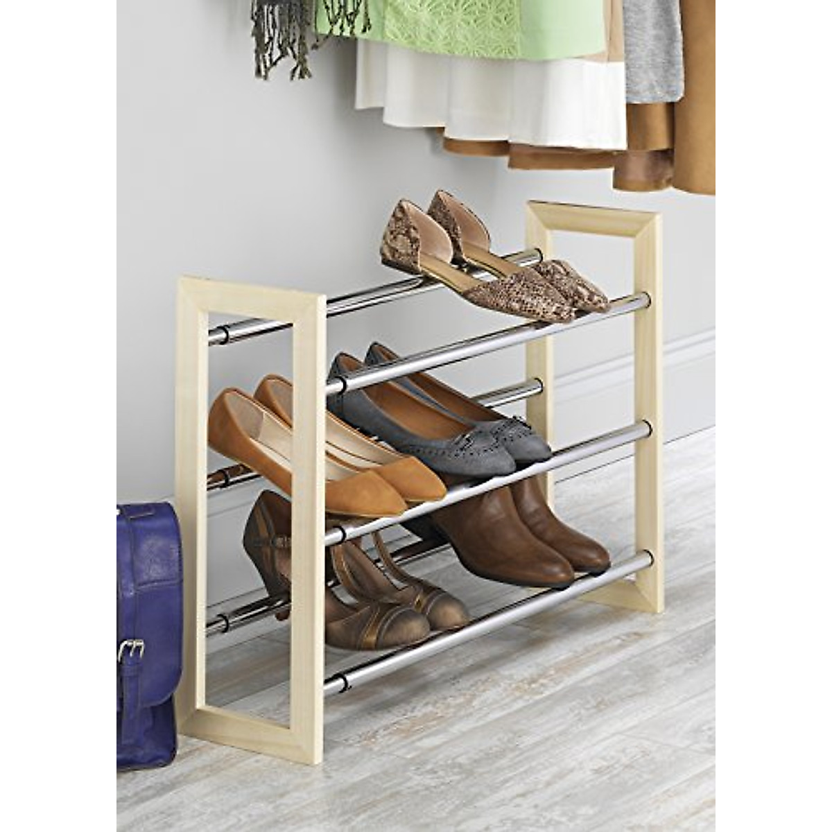 Whitmor 3 Tier Expandable Shoe Rack -Stackable - Natural Wood and Chrome