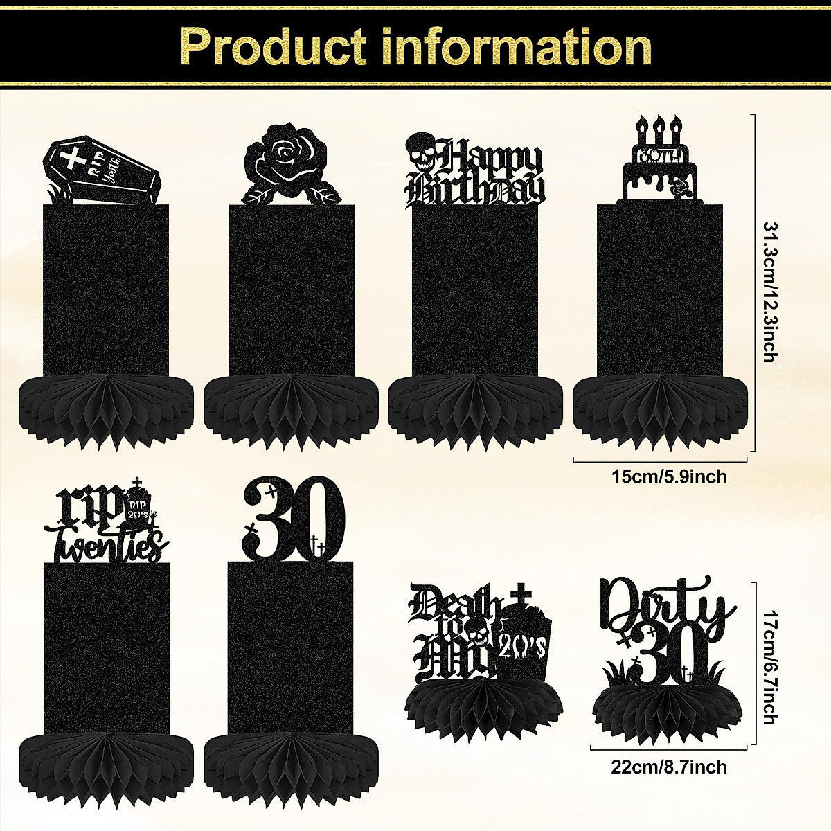 KEKERORA 8PCS Rip 20s Birthday Honeycomb Centerpiece 30th Birthday Photo Table Centerpiece Party Decoration Set Gothic Death to My Twenties Table Toppers Centerpieces for Funeral 30th Bday Men Women