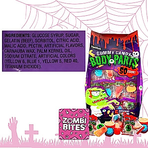 Gummy Candy Pack by Zombibites. Features One-13.2 Oz 50 Ct of Frankford's Body Parts Gummies Candies. Assorted Body Parts Candy for Halloween Gummies Candy. And a Free Zombibites Fridge Magnet!