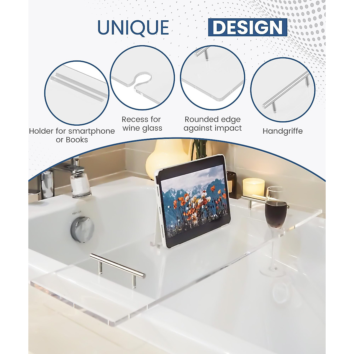Ezcasch Acrylic Bathtub Tray Bathtub Tray Caddy Bath Tray Table for Tub Luxury Spa with Book and Wine Glass Holder Bathroom Accessories for Decorative Bathtubs, Transparent 31.5inch