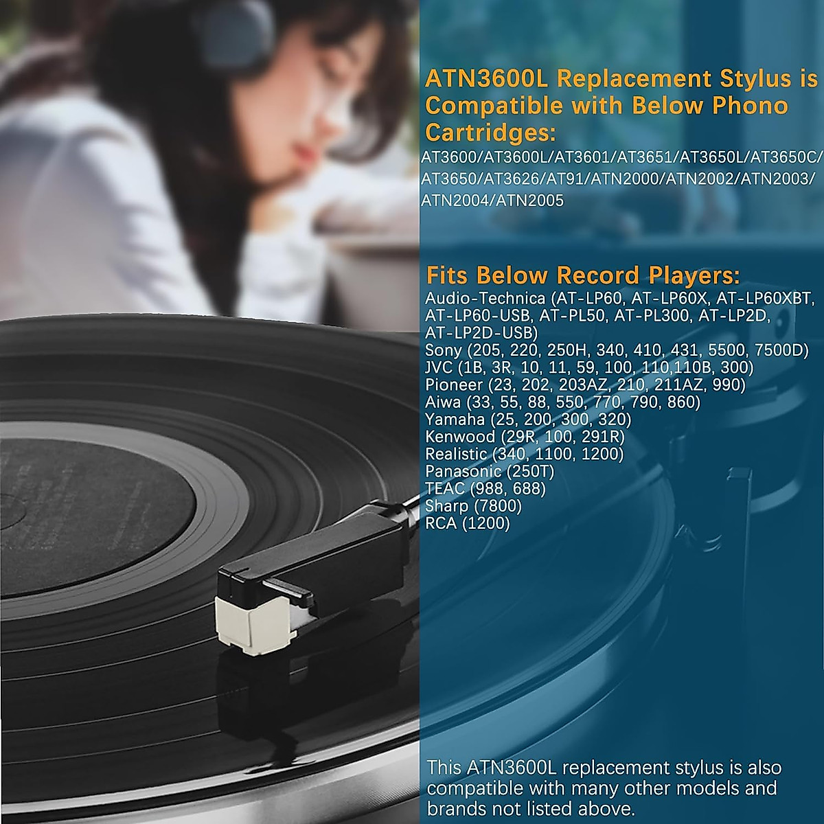 2PCS ATN3600L Diamond Record Player Needles Replacement Stylus for Audio-Technica AT-LP60X, AT-LP60XBT, and AT-LP60XBT-USB Vinyl Turntable Player