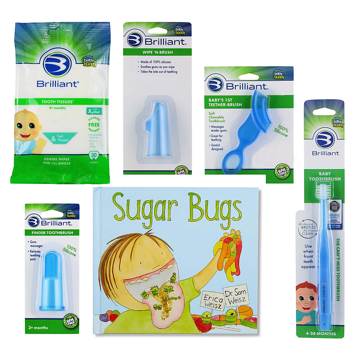 Baby Buddy Infant Oral Care 5pc Gift Set, Blue, Includes Tooth Tissues, Finger Toothbrush, Wipe-N-Brush, Baby's 1st Toothbrush, Baby Toothbrush, & Sugar Bugs Childrens Oral Care Story Book