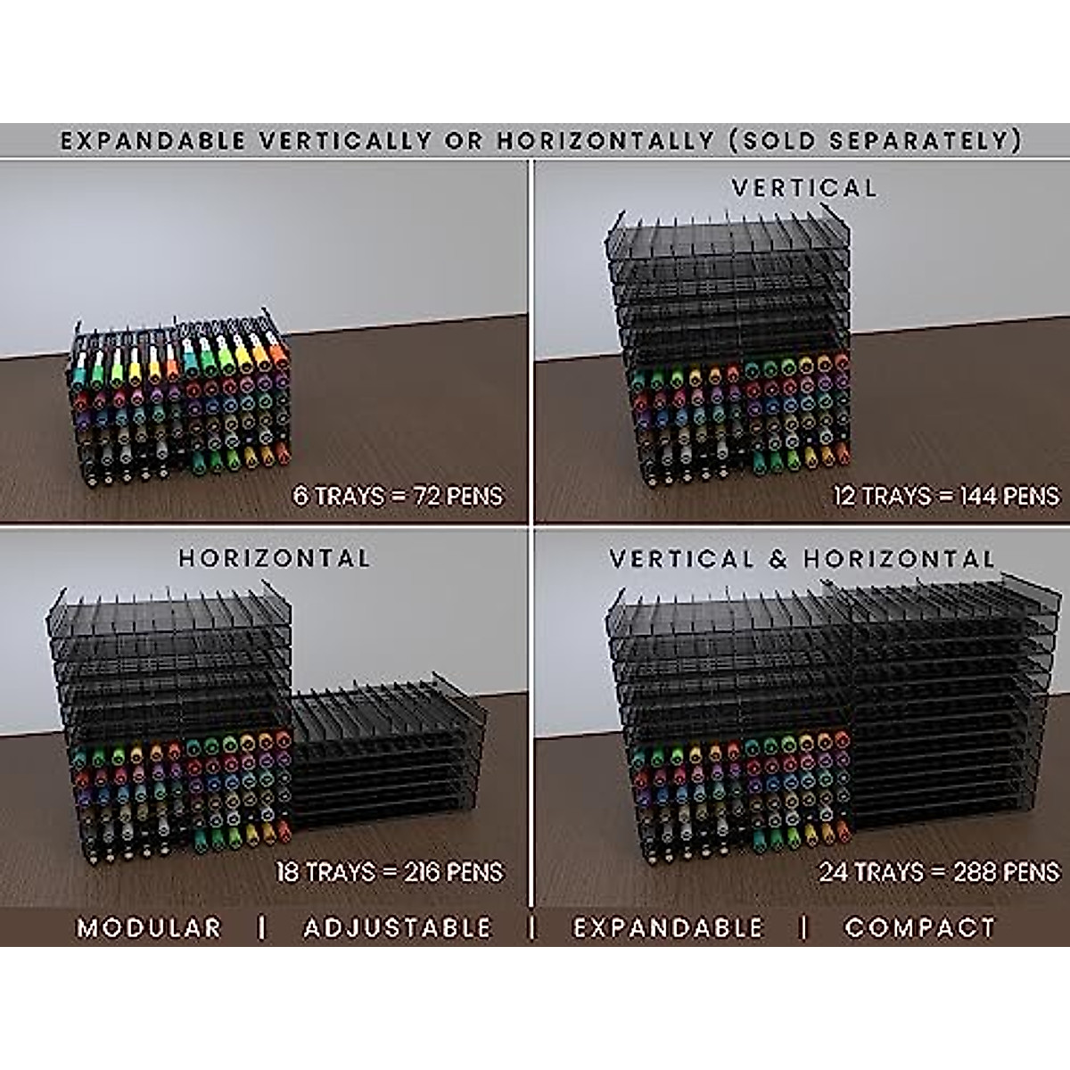TOOLI-ART 72 Art Marker Storage Tray Desk Organizer Holder, Adjustable Dividers, Modular, Expandable, Stackable, Fit Most Pen, Pencil, Brushes. School, Home, Multi Purpose Tinted Plastic 6 Trays
