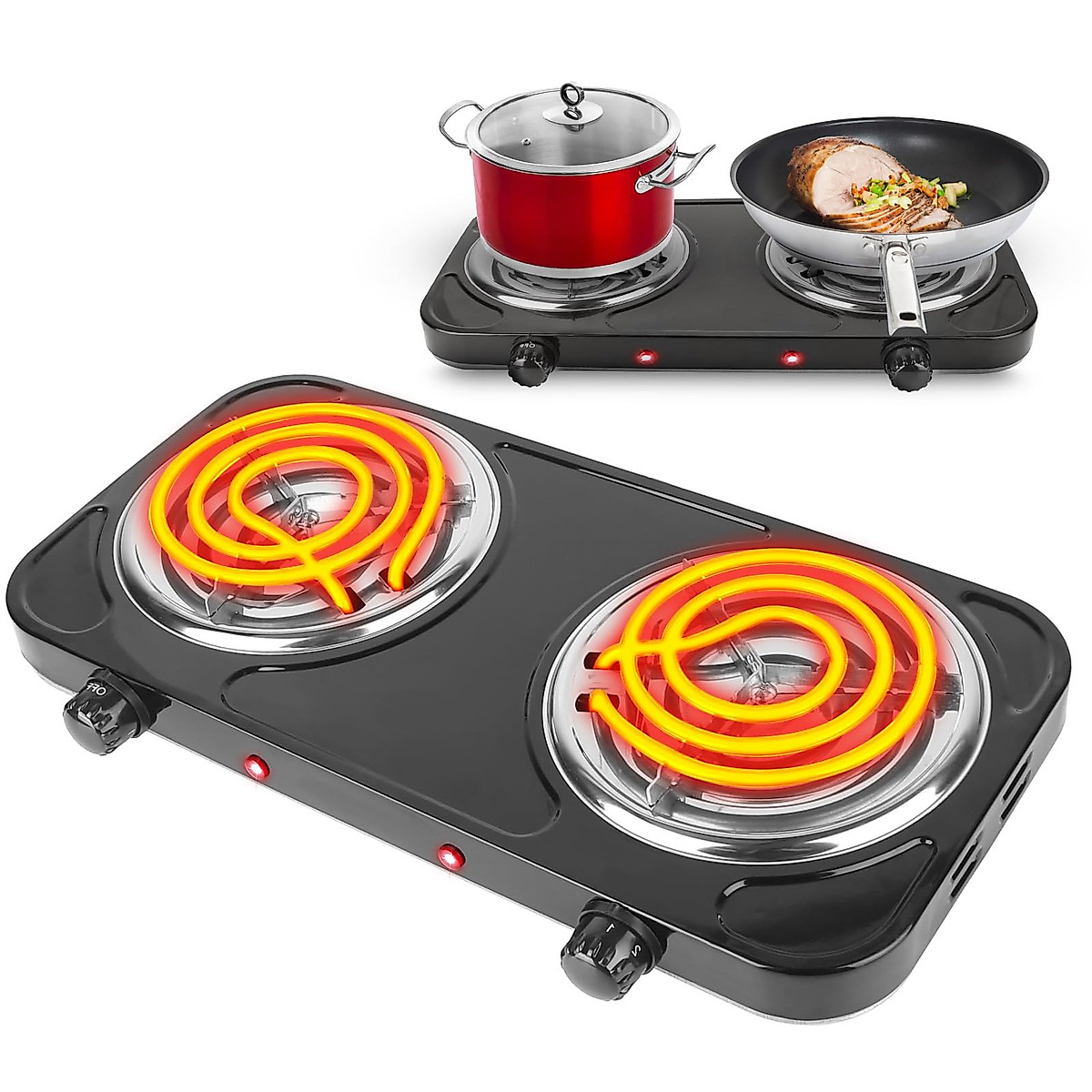 TeqHome Hot Plate, 2000W Portable Electric Stove for Cooking with 5 Levels Adjustable Temperature & Dual Control, Countertop Double Coil Burner Cast Iron Cooktop for All Cookwares Home Camp RV (Black)