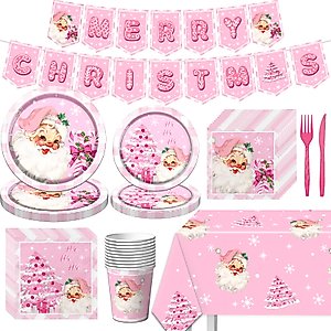 Christmas Party Supplies, 142Pcs Christmas Dinnerware Set Includes Pink Santa Claus Snowflake Napkins and Plates,Cups,Banner,Xmas Tablecloth for Merry Christmas Holiday Party, Serves 20