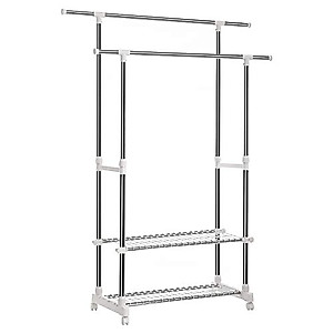 SONGMICS Clothes Rails, Double Hanging Rails with 2-Tier Shelves, Telescopic Extendable Coat Rack with Casters, Stainless Steel Coated Iron Pipes, 154 x 42 x 172 cm by SONGMICS