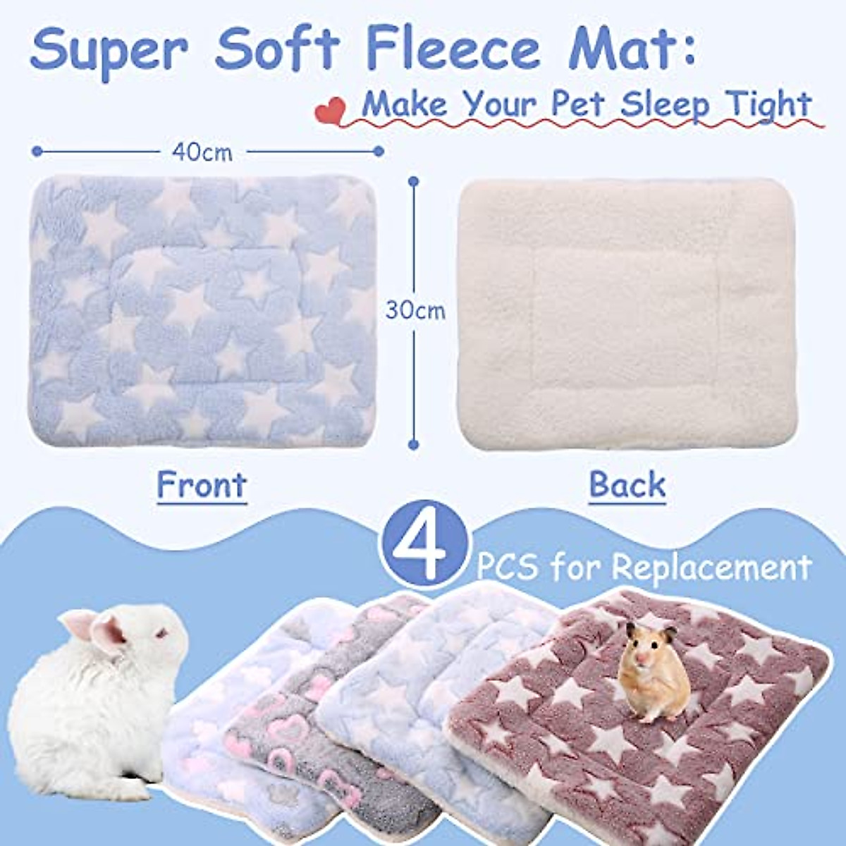 ROZKITCH 4 Pieces Guinea Pig Blanket Bed, Washable Hamster Bedding Pad for Small Animal, Soft Plush Fleece Mat for Sugar Glider Hedgehog Chinchilla Sleep Bed, Rabbit Cage Accessories 11.8 x 15.7inch