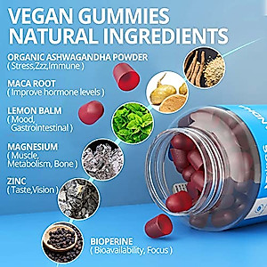 Nevissbags Ashwagandha Gummies - 2000mg - with Maca Root, Magnesium, Zinc, Lemon Balm - Vegan, Pure, Organic, Gluten Free - Healthy Stress Relief, Zzz, Stamina, Energy, Relaxation Support - 60 Counts