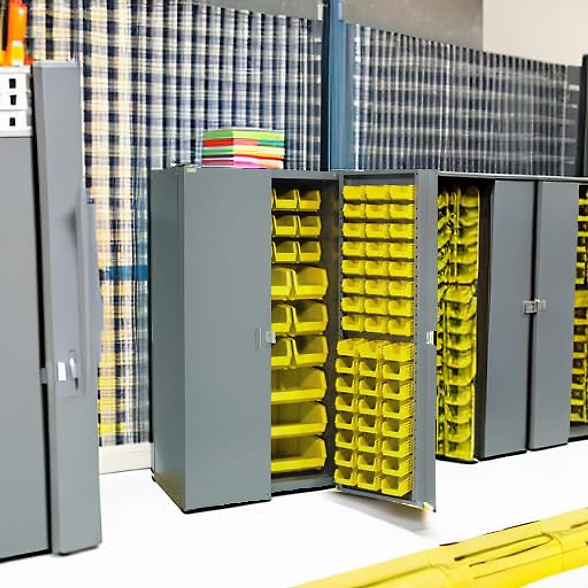 Global Industrial Bin Cabinet with 132 Yellow Bins, 38x24x72, Assembled