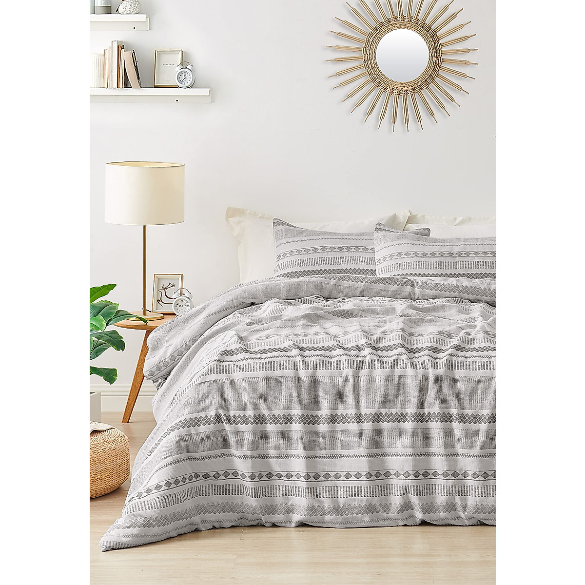 Sweet JoJo Designs Boho Black and Grey Cotton Woven Jacquard Modern Duvet Comforter Cover and Sham 3 pc. Full Queen Size Bed Bedding Set Farmhouse Patterned Ivory Bohemian Geometric Textured Neutral