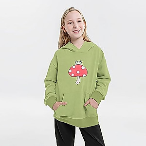 CM C&M WODRO Girls Sweatshirt Kawaii Frog Hoodie Cute Mushroom Long Sleeve Pullover Tops Kids Aesthetic Fall Winter Clothes(Olive green,11-12Y)